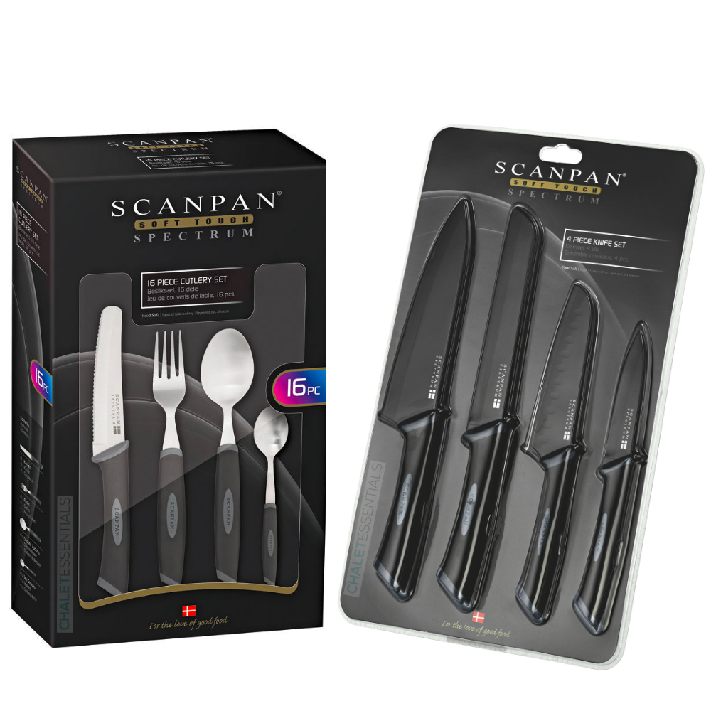 NEW SCANPAN SPECTRUM SOFT TOUCH CUTLERY 16 PIECE 16PC BLACK + 4PC KNIFE SET
